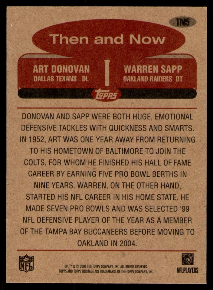 2006 Topps Heritage Then and Now #TN5 Art Donovan / Warren Sapp Card | eBay