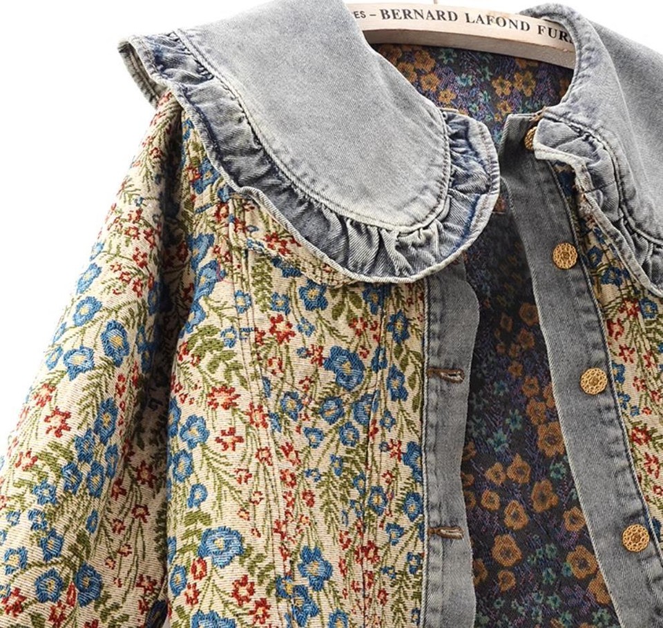 Women's Blue Denim Jean Jacket Big Lapel Collar Floral Decor Button ...