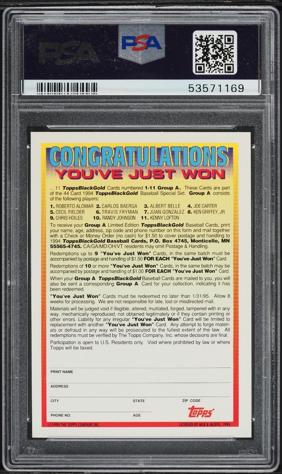 1994 TOPPS BLACK GOLD REDEMPTION CARD A KEN GRIFFEY JR PSA 10 GEM MINT ...
