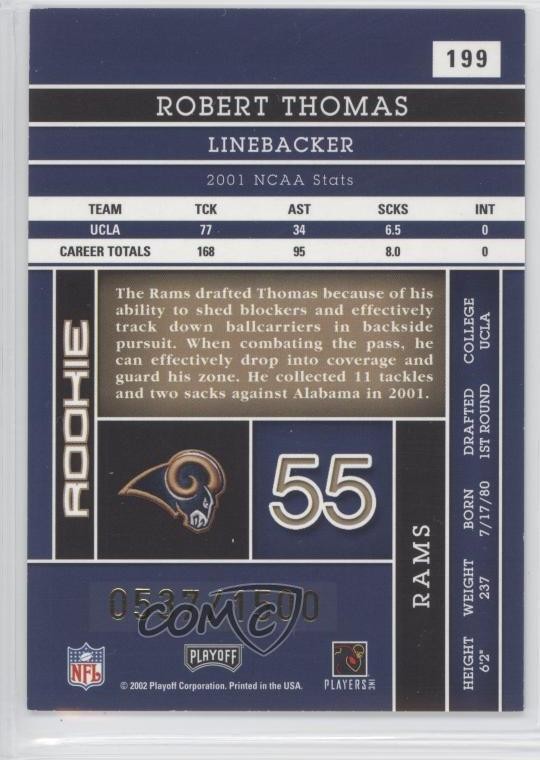 2002 Playoff Absolute Memorabilia Rookie 537/1500 Robert Thomas W #199 ...