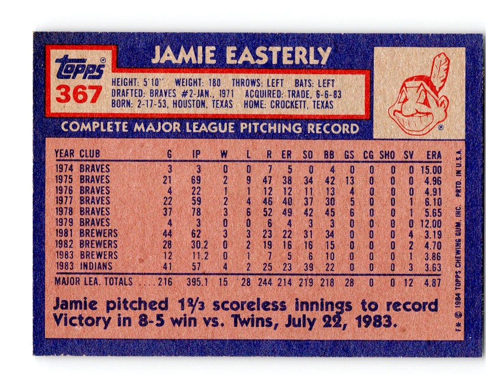 1984 Topps #367 Jamie Easterly Cleveland Indians Baseball Card | eBay