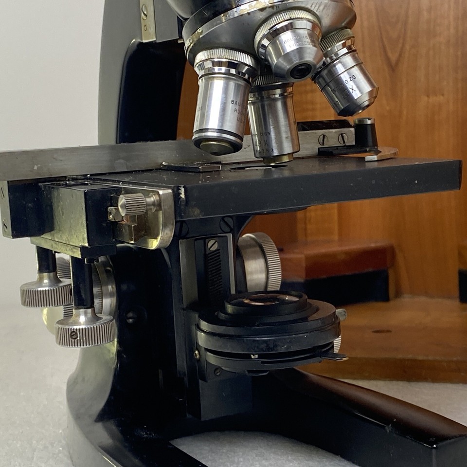 1950’s Bausch Lomb Binocular Microscope Wood Case 2 Keys Blue Filter ...