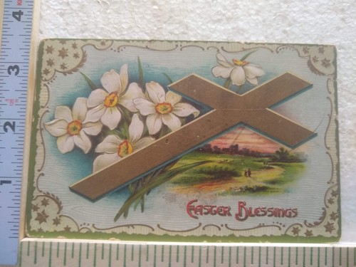 Postcard Embossed Flowers and Cross Art Print Easter Blessings Greeting ...