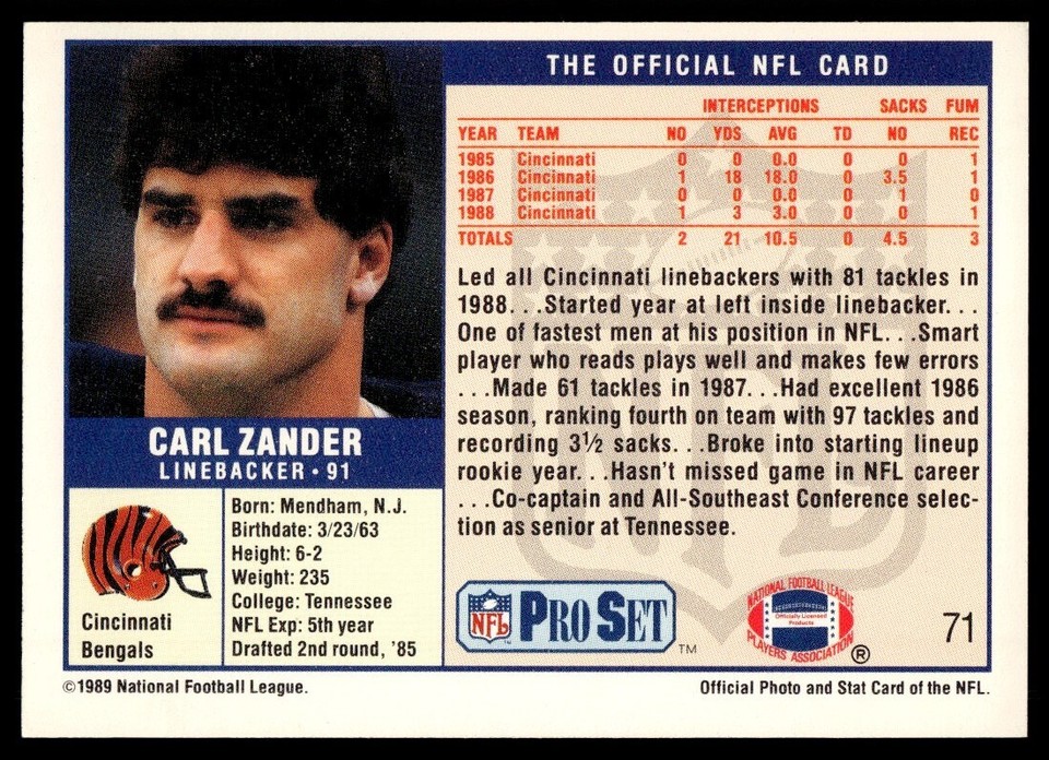 1989 Pro Set Carl Zander Cincinnati Bengals #71 | eBay