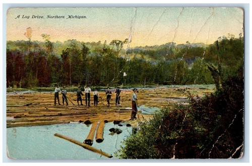 c1910 Log Drive Logging Trees River Northern Michigan Vintage Antique ...
