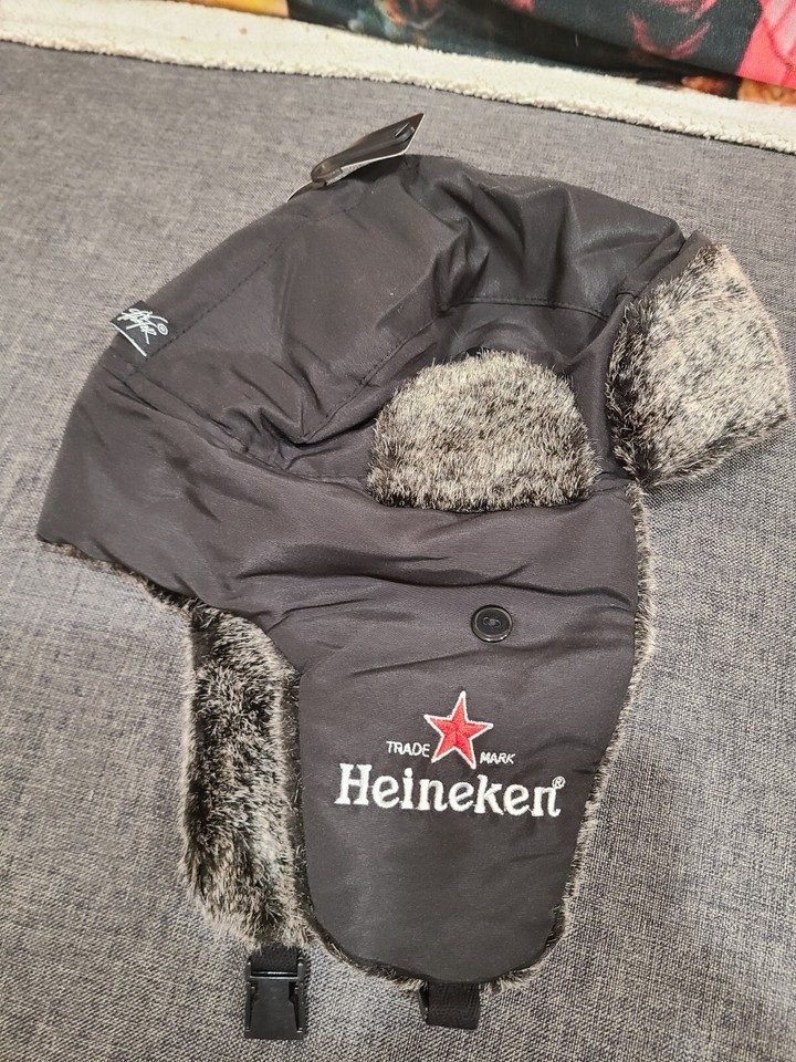 NEW Heineken Beer Trapper Style Hat Ear Flap Fur Knit Quilted Winter ...