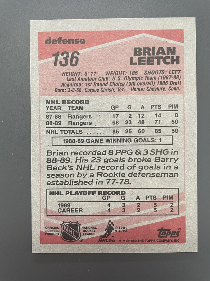 1989 Topps Brian Leetch #136 New York Rangers Rookie | eBay