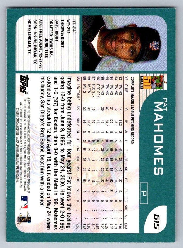 2001 Topps #615 Pat Mahomes Home Team Advantage | eBay