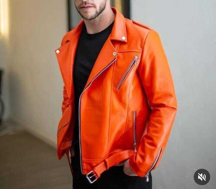 Men's Orange Leather Jacket Real Lambskin Biker Moto Belted Zipper ...