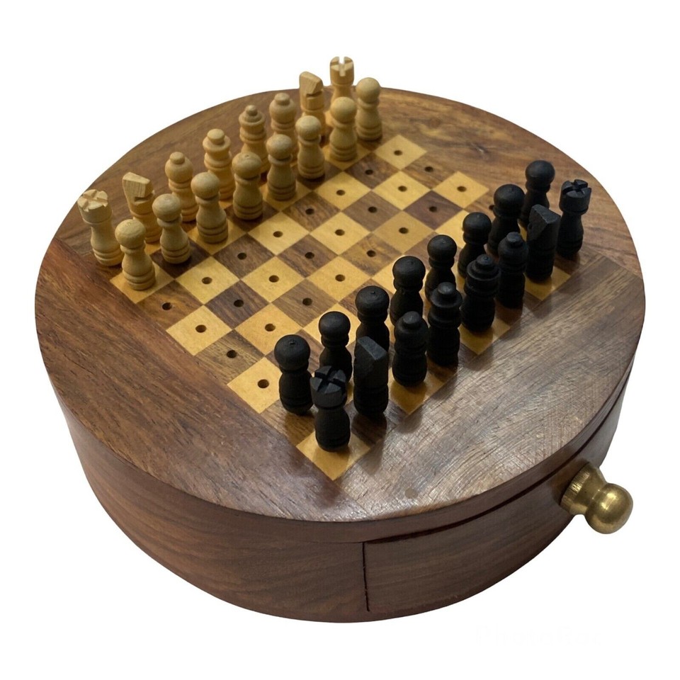 Handmade Wooden Round Mini Chess Board Game ~ Travel Vintage Chess Set ...