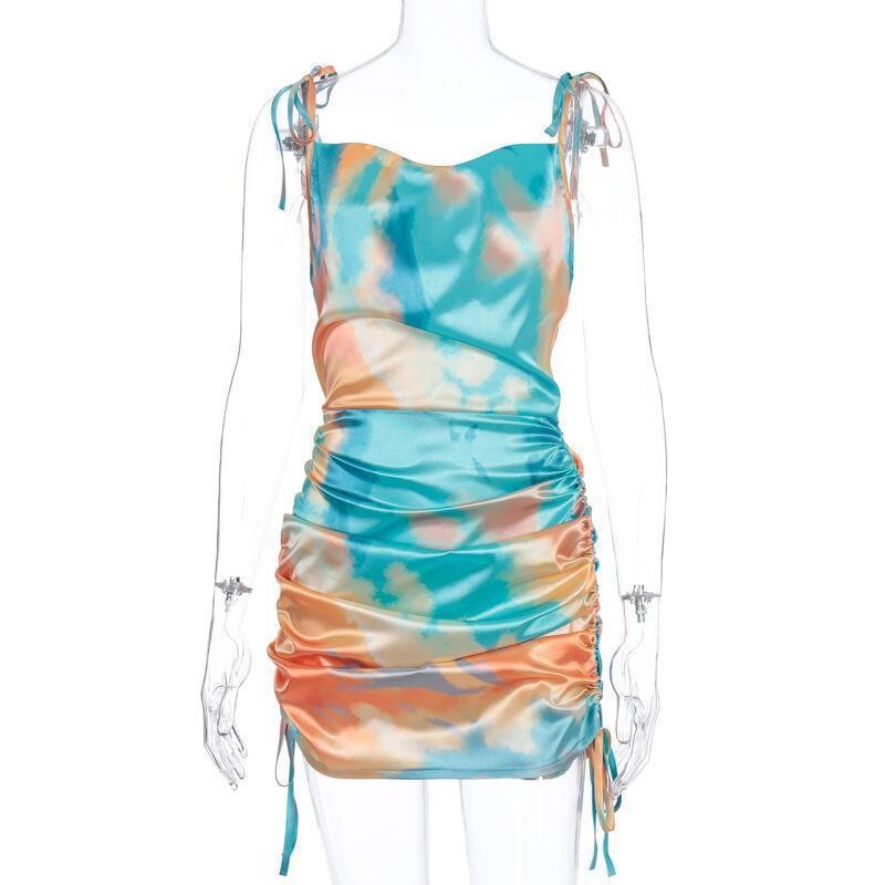 Halibuy Fashion Tie dye cowl neck drawstring ruched mini dress Blue ...