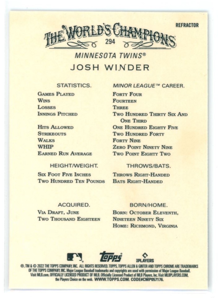 2022 Topps Allen & Ginter Chrome Refractor Josh Winder RC Minnesota ...