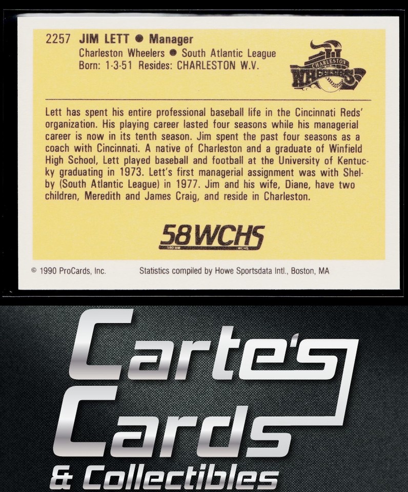 Jim Lett 1990 ProCards #2257 Charleston Wheelers Cincinnati Reds ...