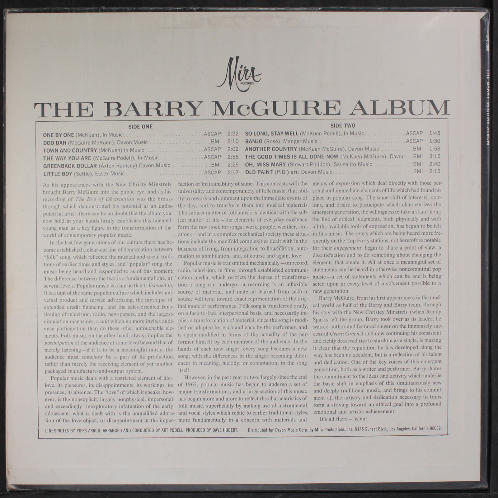 BARRY MCGUIRE: the barry mcguire album MIRA 12" LP 33 RPM | eBay