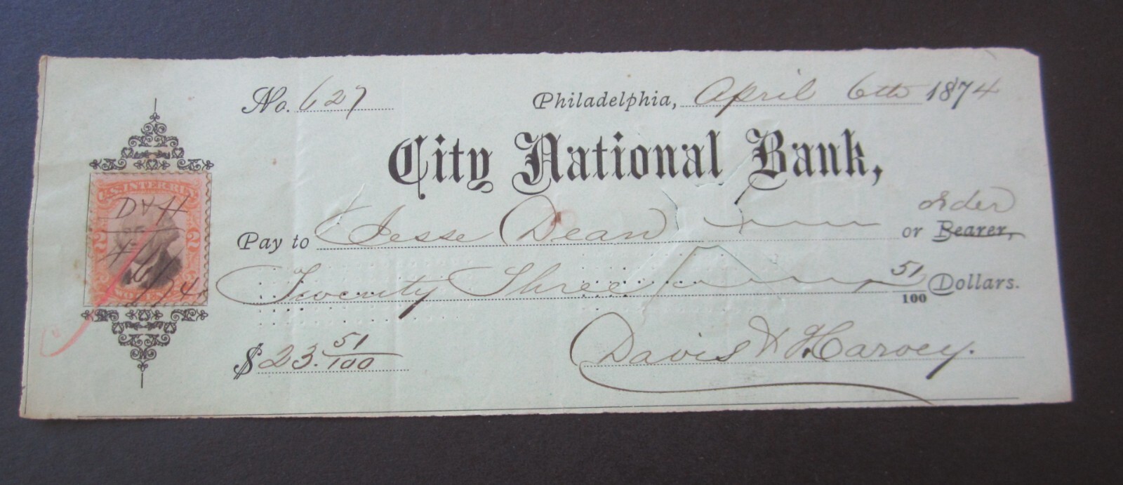Old 1874 - PHILADELPHIA PA. - David & Harvey - Bank Check - Revenue ...