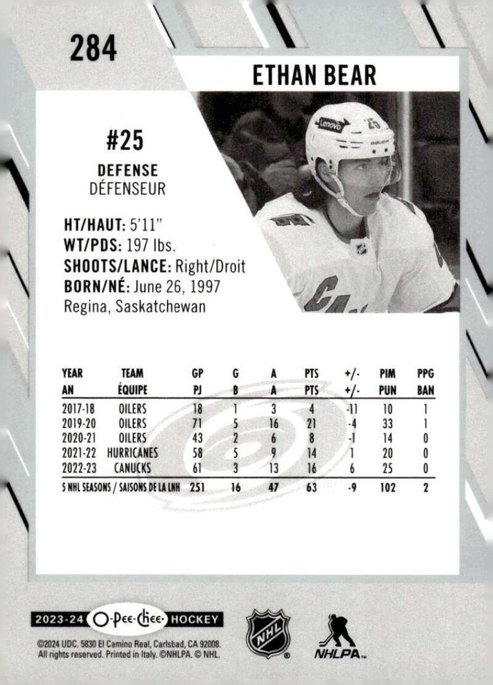 ETHAN BEAR 2023-24 O-Pee-Chee Base #284 NHL Hurricanes ID:96197 | eBay