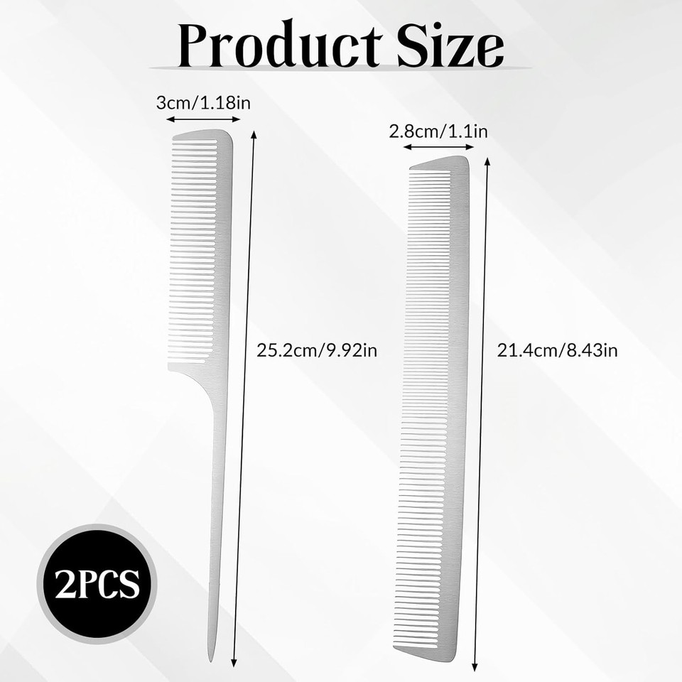 2 Pcs Stainless Steel Metal Rat Tail Comb, Fine Tooth Combs with Pick ...