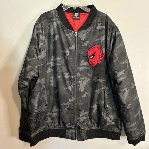 Marvel Deadpool Camouflage Bomber Puffer Jacket Gray Red Full Zip Mens ...