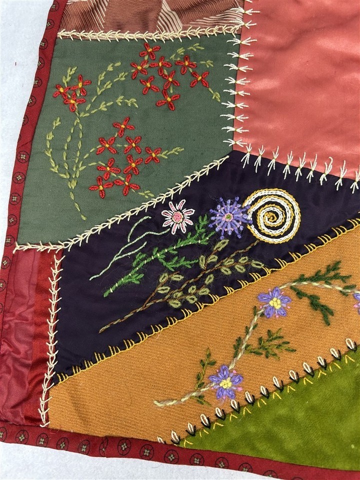 antique crazy quilt piece table runner 12.5x23 hand made red green gold ...