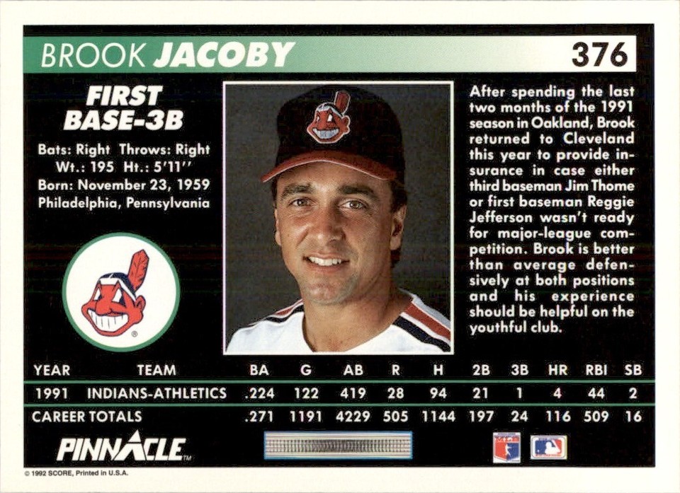 1992 Pinnacle Brook Jacoby Cleveland Indians #376 Baseball Card | eBay