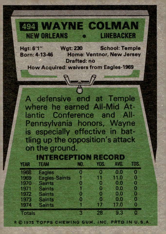 1975 Topps - #494 Wayne Colman Saints | eBay