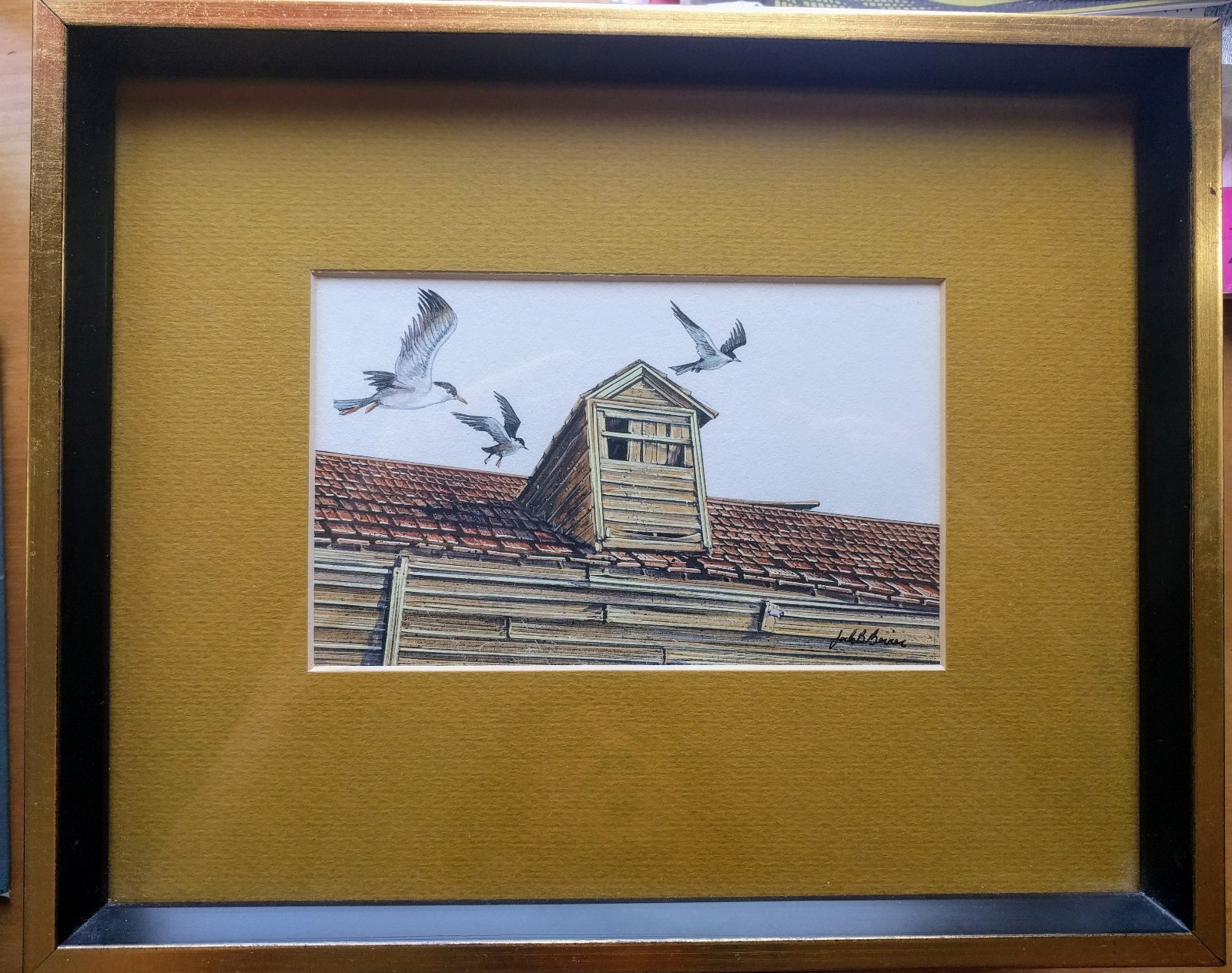 Artist Jack B. Bevier dry brush watercolor of Old House with seagulls ...