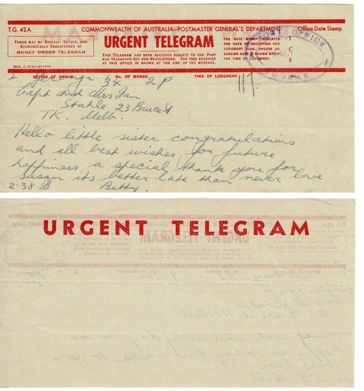 WW2 Postmark TOORAK Victoria 1944 Urgent Telegram from Yeronga to ...