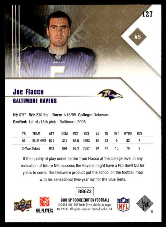 2008 Upper Deck Premier Joe Flacco Rookie Baltimore Ravens/Miami ...