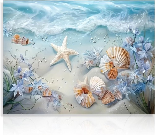 Ocean Waves Canvas Wall Art Sea Shells and Starfish Picture Coastal ...