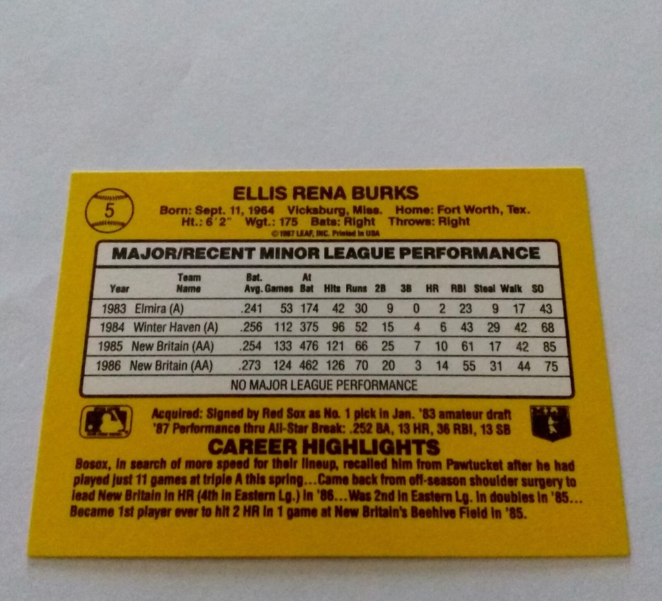1987 Donruss The Rookies Baseball Ellis Burks #5 Factory Set Break NM ...