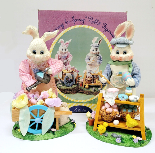 Vintage 90s Pair Large 13" Easter Rabbit Figures Poly Resin Wood Fabric ...