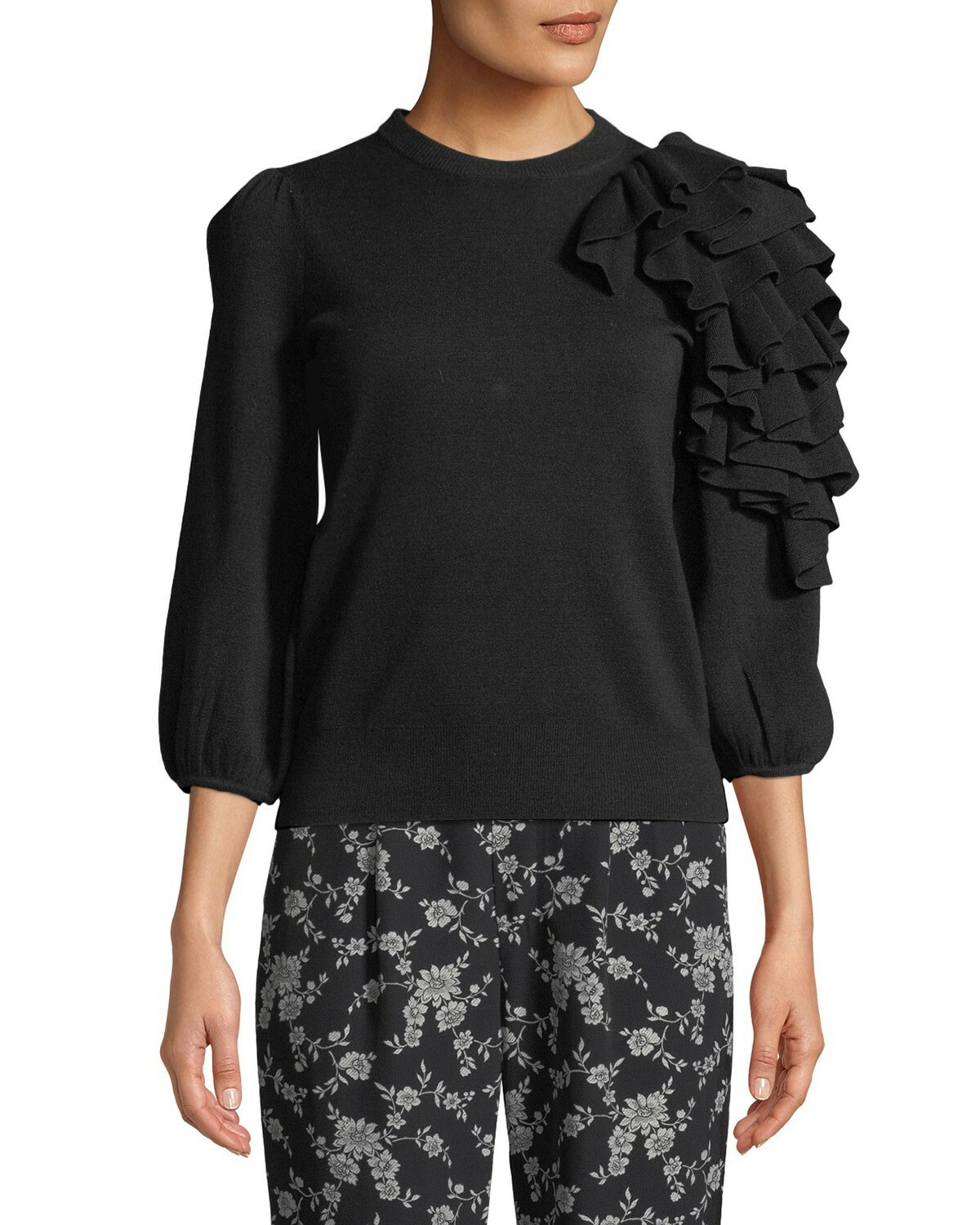 CO Womens Exaggerated Ruffle 3/4 Sleeve Merino Wool Sweater Size Large ...