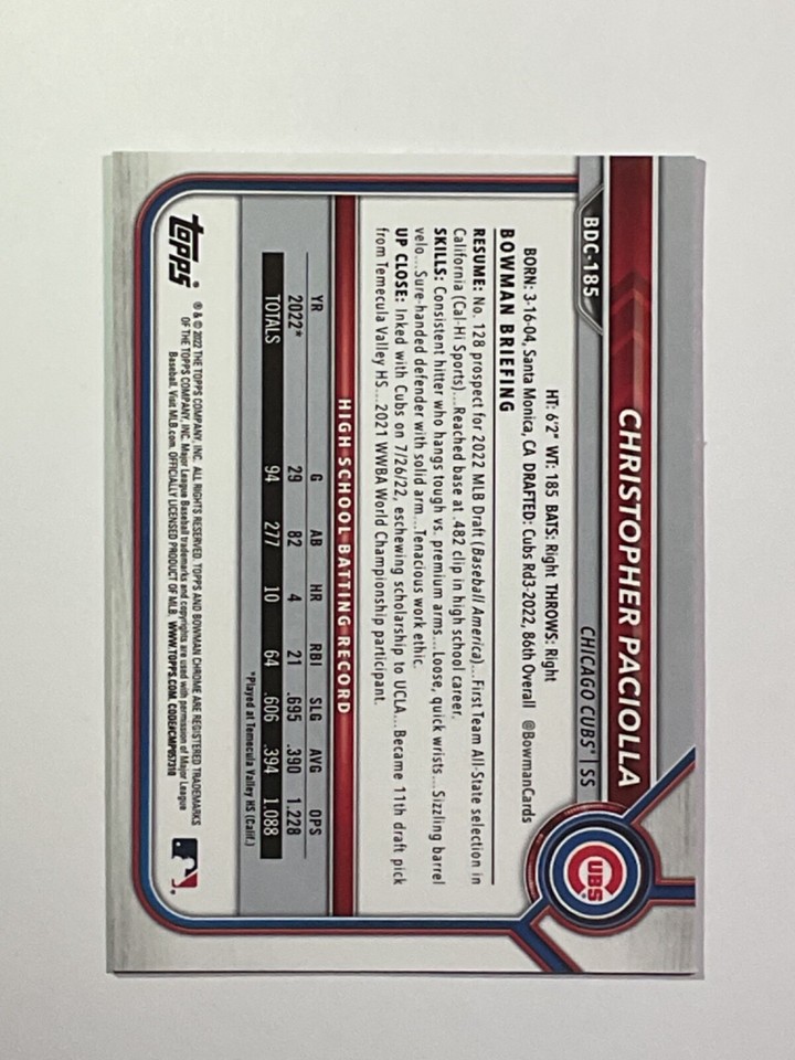 2022 Bowman Draft Chrome 1st bowman Christopher Paciolla rookie card | eBay