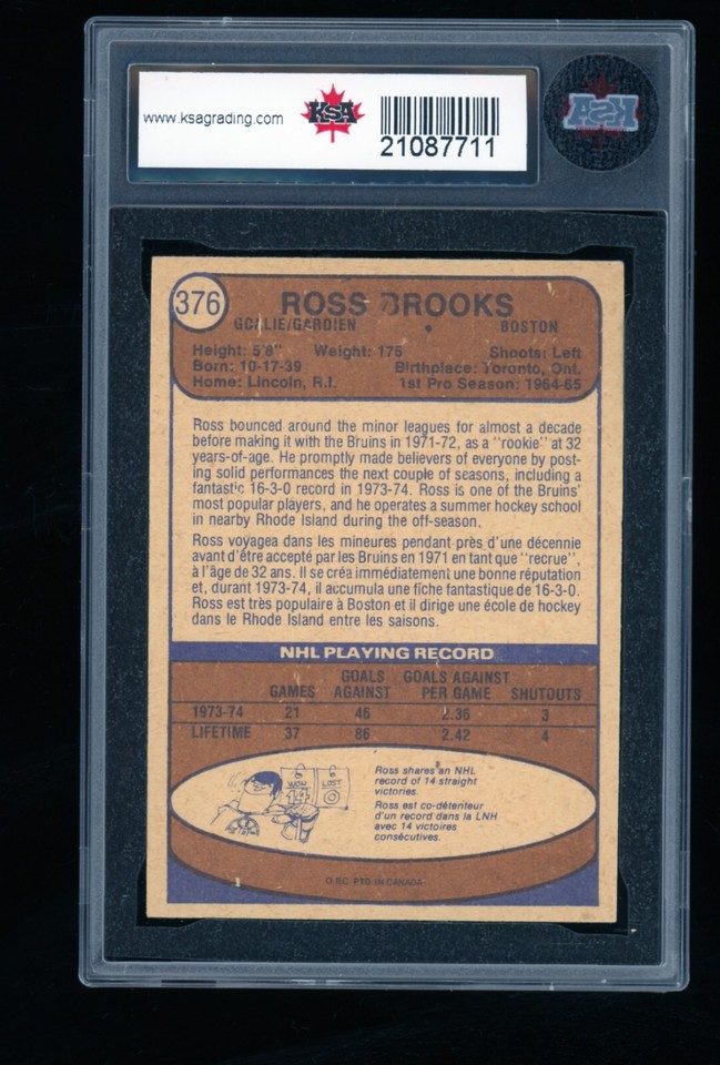 Ross Brooks RC 1974-75 O-Pee-Chee #376 OPC Rookie Boston Bruins KSA 9 ...