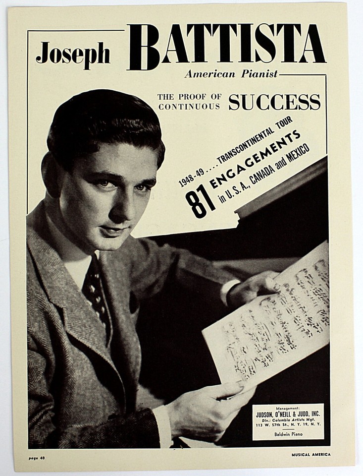 Vintage Music Print Ad JOSEPH BATTISTA Pianist 1949 Booking Ads 13 x 9 ...