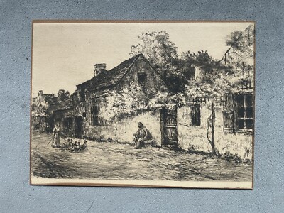 F. JACQUES ARTIST PENCIL ETCHING WOMAN WITH DUCKS AND MAN ON STREET | eBay