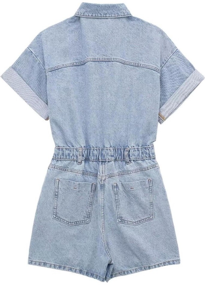Womens Short Sleeve Denim Romper Stomper Shorts Button Up Jean ...