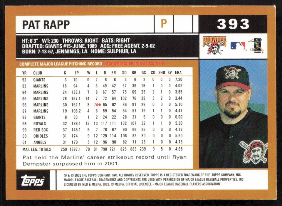 2002 Topps #393 Pat Rapp Pittsburgh Pirates | eBay
