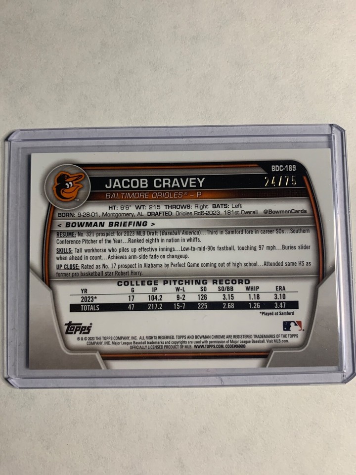 2023 Bowman Chrome Draft Sapphire Edition Yellow /75 Jacob Cravey #BDC ...