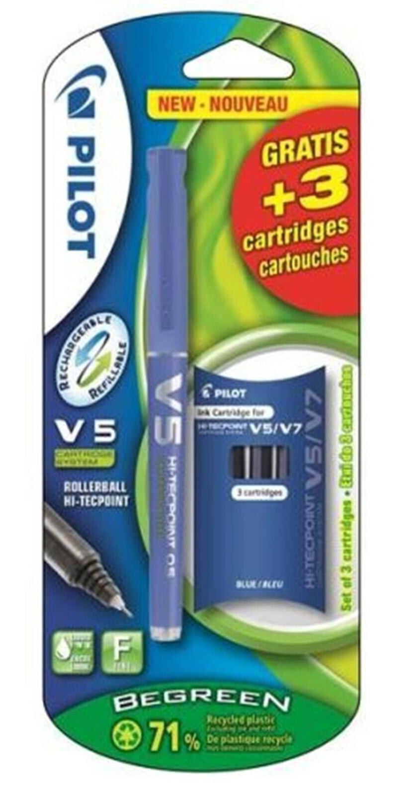 Pilot V5 BEGREEN Refillable Rollerball Pen Fine Tip Blue Ink and 3 Blue ...