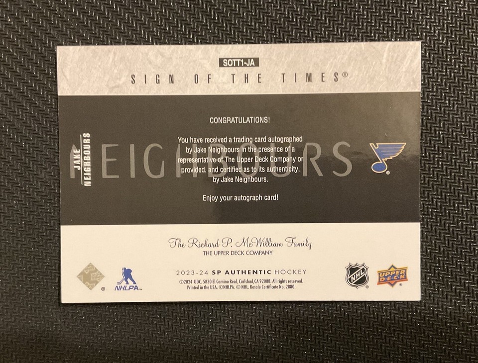 JAKE NEIGHBOURS Sign of the Times Auto SP 2023-24 UD SP Authentic ...