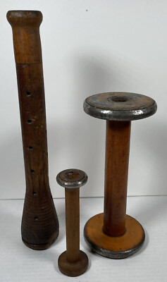 3 Antique Vintage WOODEN SPOOLS Bobbins Spindles Yarn Thread Industrial ...