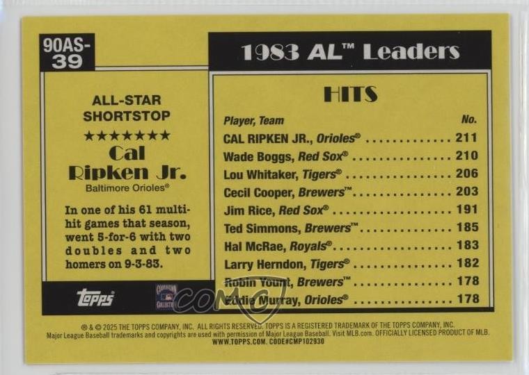 2025 Series 2 1990 Topps Baseball All-Stars Blue Nameplate Cal Ripken ...