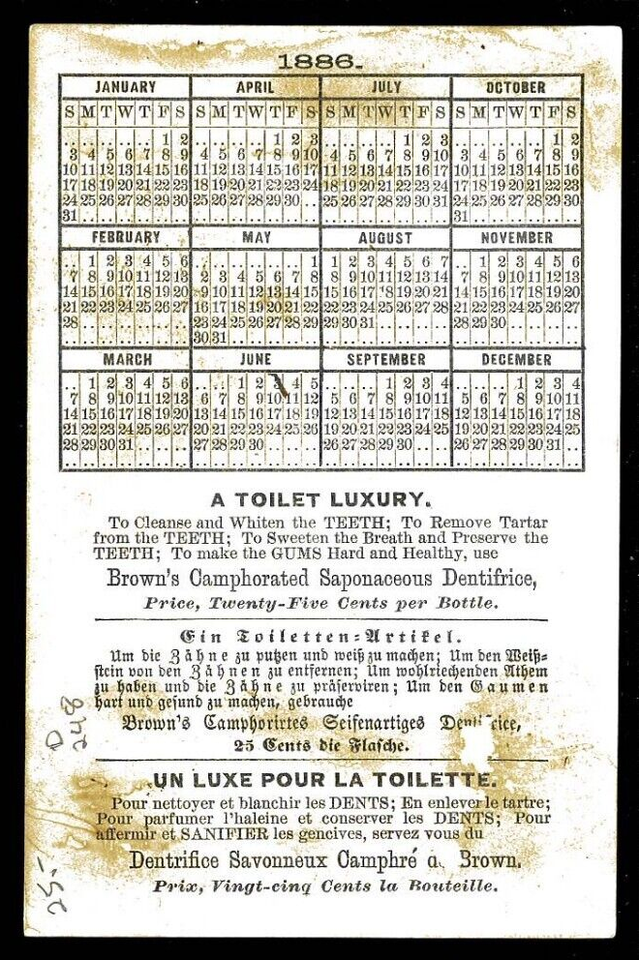 Trade card, MRS. WINSLOW'S SOOTHING SYRUP, 1886 CALENDAR, S6D-TC-2079 ...