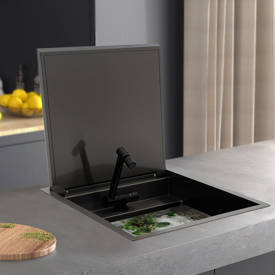 Hidden Kitchen Bar Sink Single Bowl w/Folding Faucet+ Drain+ Lid ...