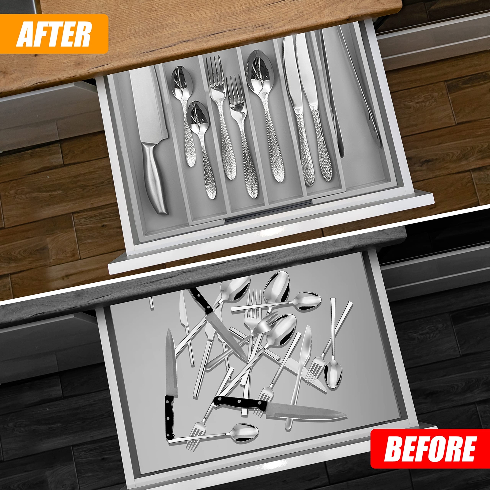 Grey Silverware Organizer Kitchen Drawer Organizer Expandable Bamboo ...