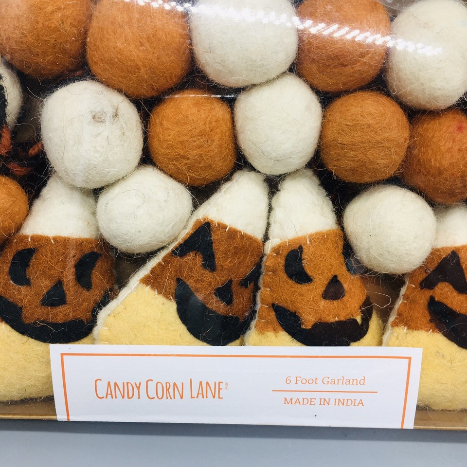 Candy Corn Lane Halloween Jack-o-Lantern Faces Felt Garland Pom Poms ...
