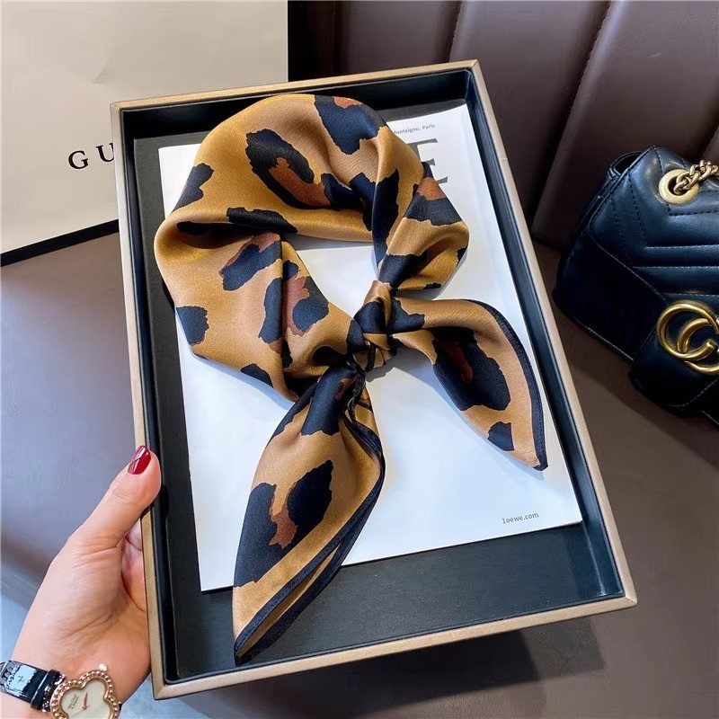 Big Square Leopard Animal Print Head Bandana Neck Thin Faux Silk Scarf ...