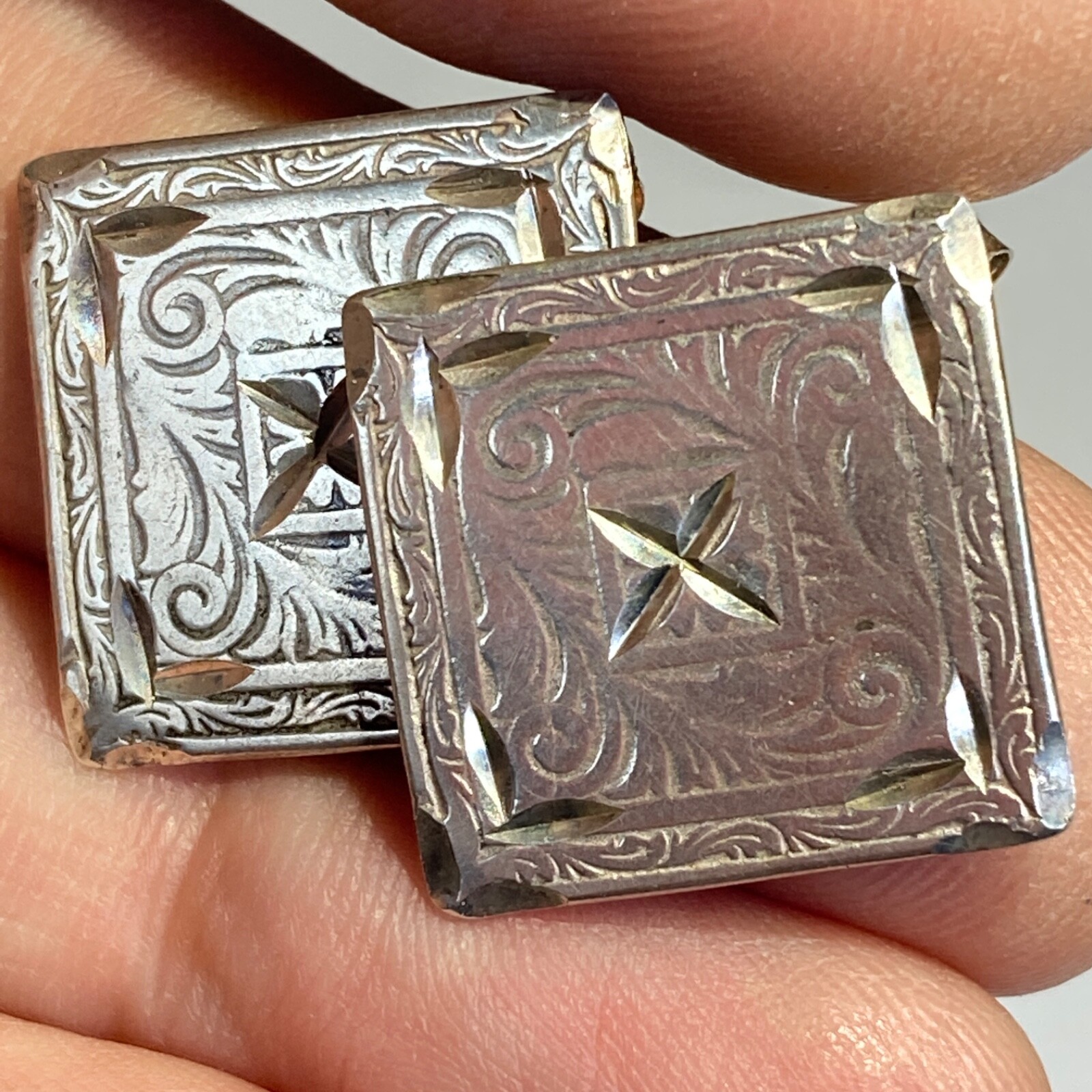 Early Engraved Bright Cut Reuse Post Earrings Antique 925 Sterling ...