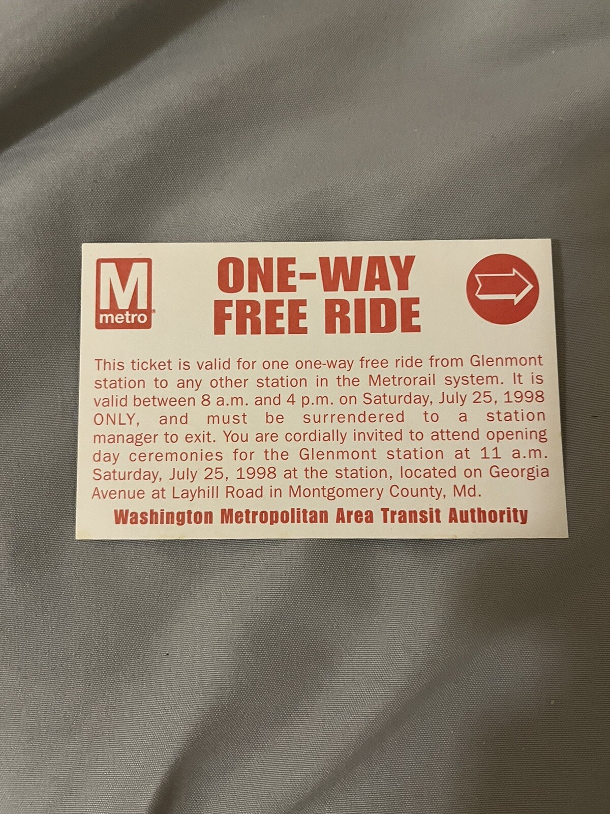 WMATA - One Way Free Ride Red Line Glenmont | eBay